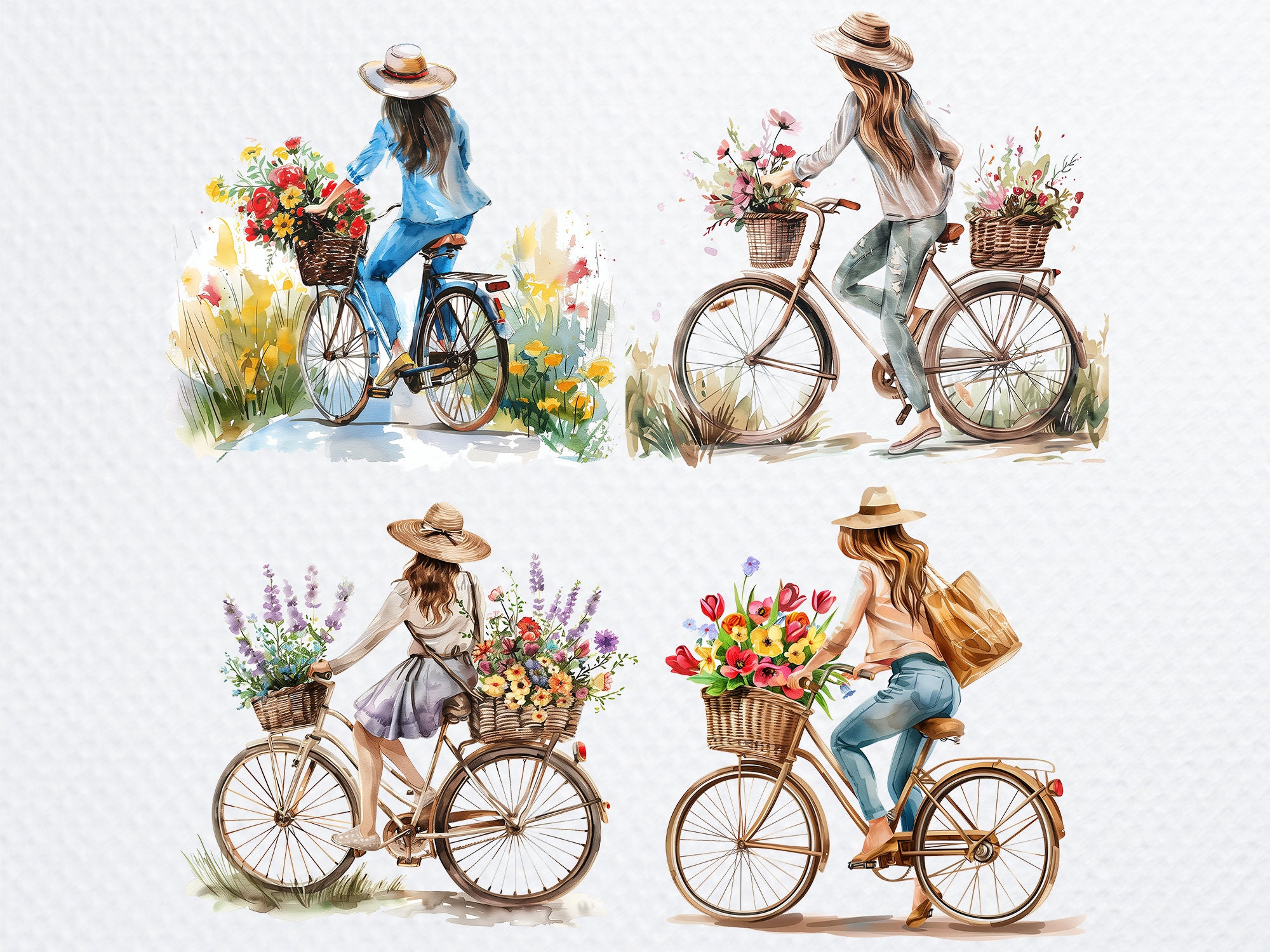 12 PNG Woman on Bicycle Clipart Bundle, Printable Watercolor Floral ...