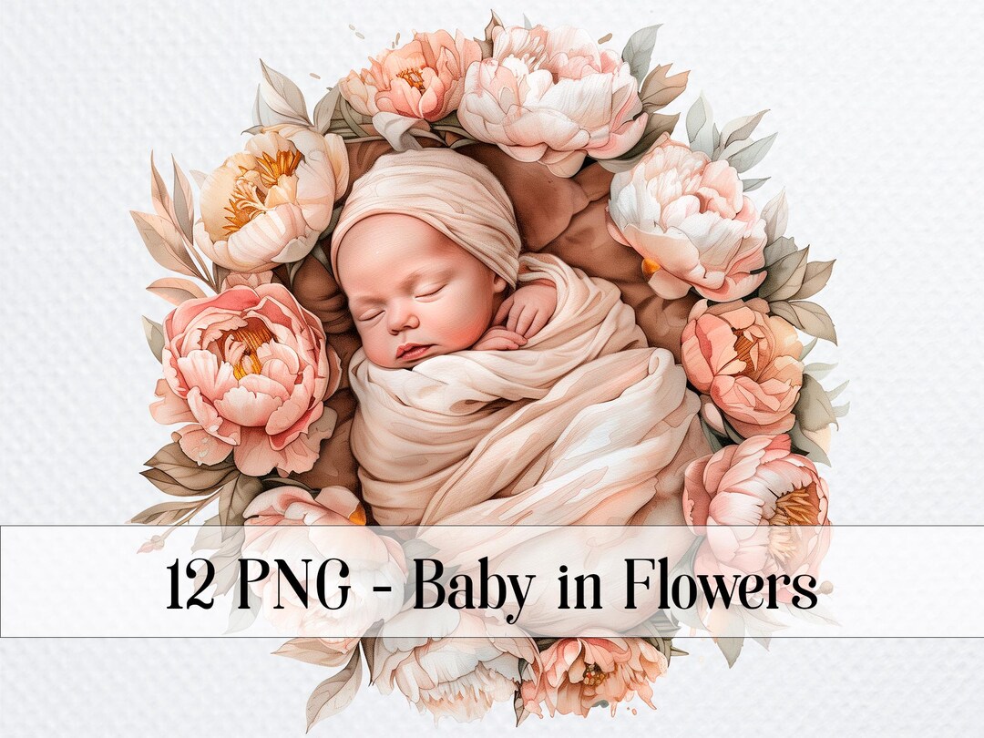 12 Baby in Flowers PNG Bundle, Baby Shower Printable Watercolor Clipart ...