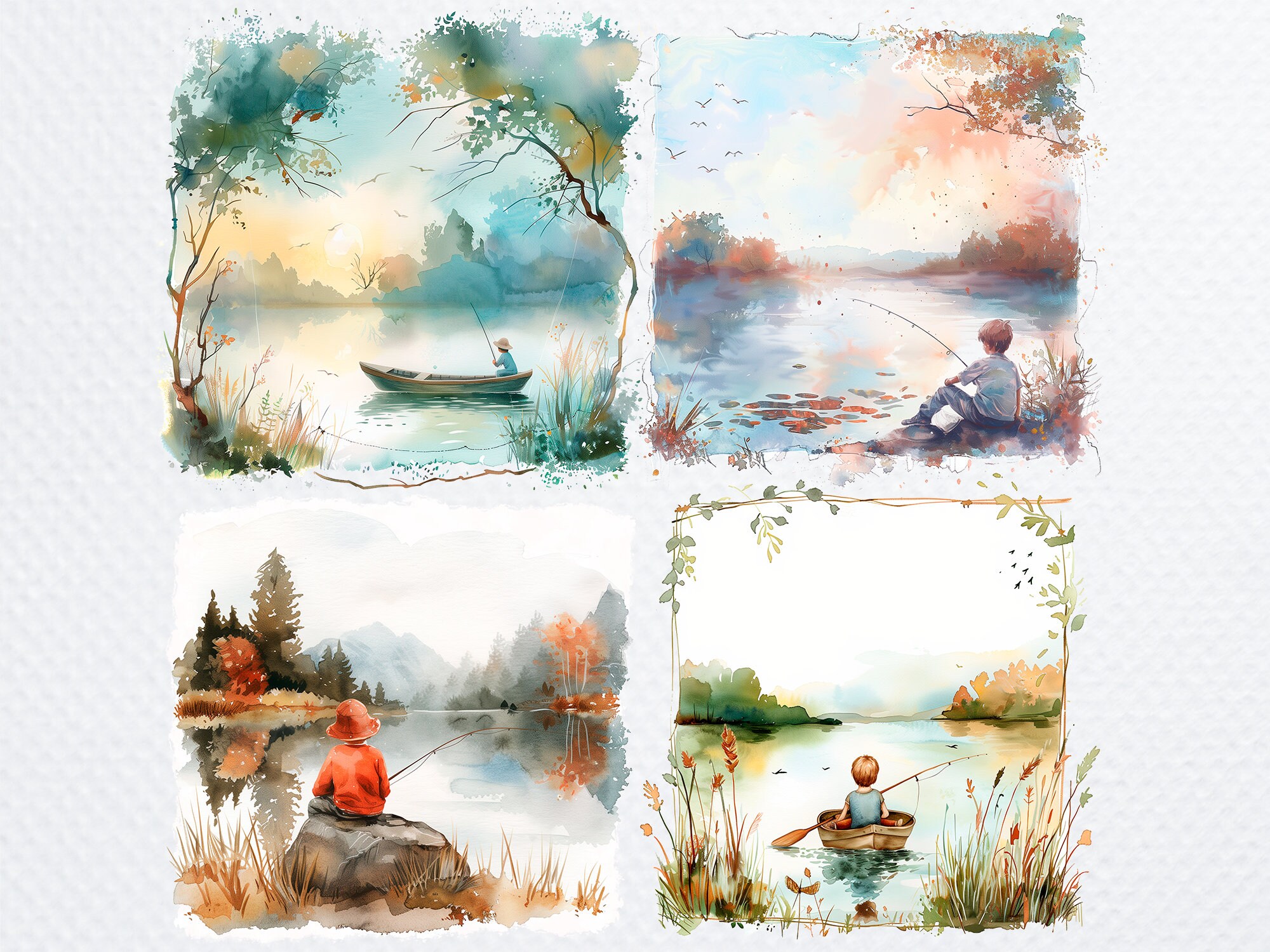 20 PNG Kid Fishing Clipart Bundle, Little Boy Fishing, Watercolor ...