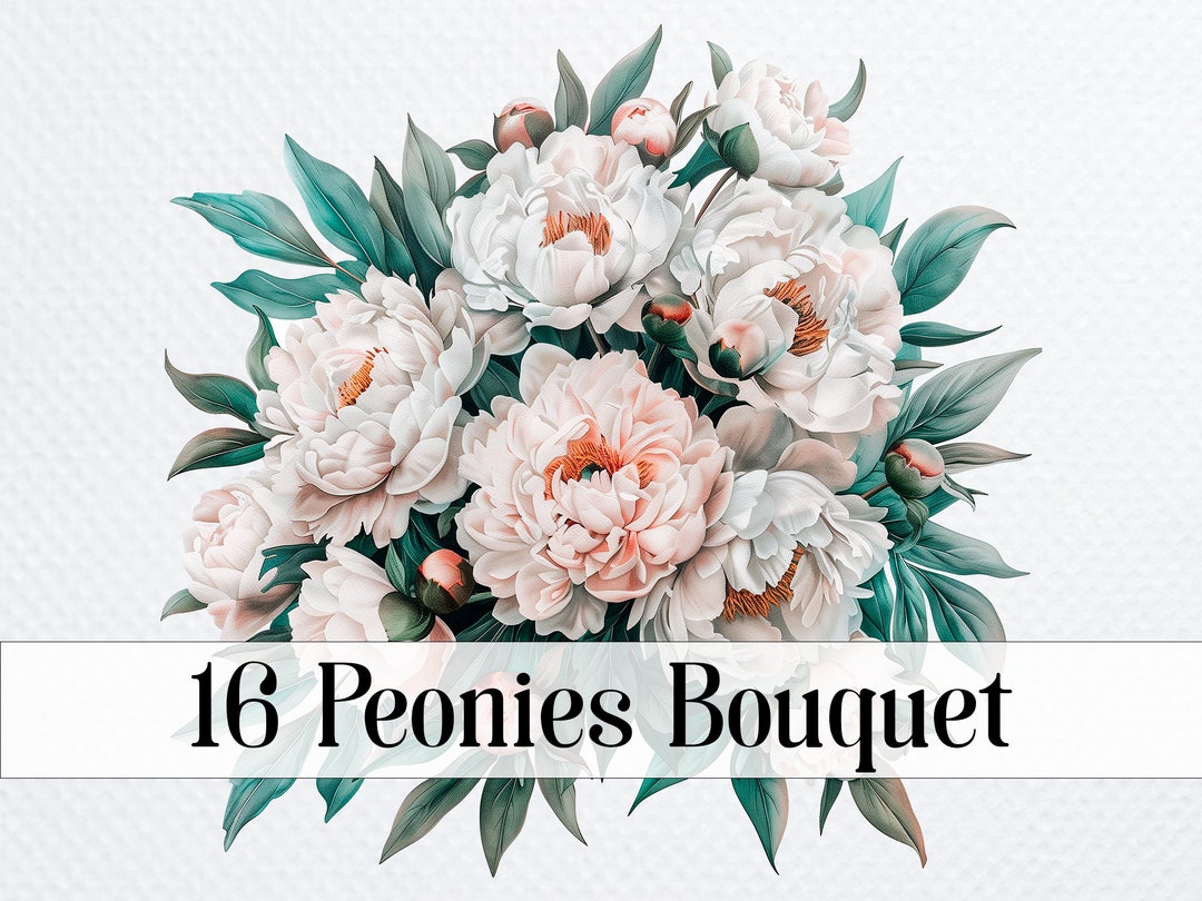 16 Peonies Bouquet PNG Clipart, Watercolor Peonies Sublimation Print ...