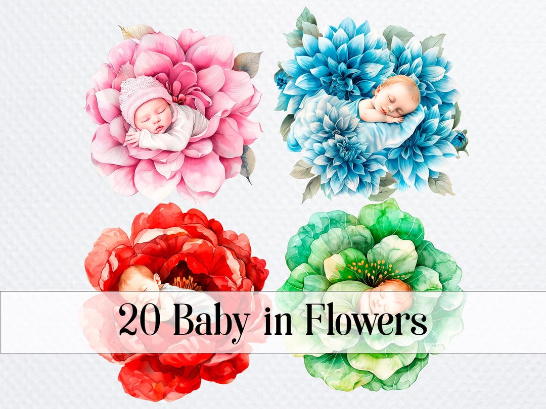 12 Baby in Flowers PNG Bundle, Baby Shower Printable Watercolor Clipart ...