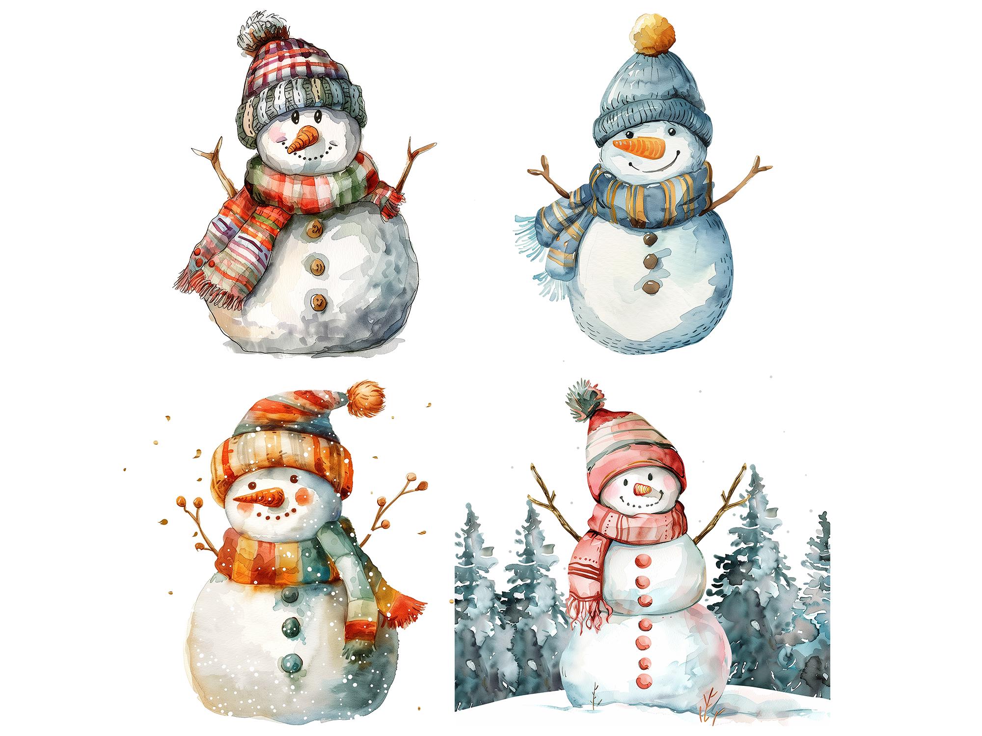 15 Winter Snowman PNG Bundle, Christmas Clipart, Printable Watercolor ...