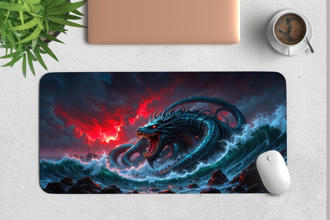 Sea Serpent Desk Mat, Fantasy Dragon Gaming Mousepad, Mythical Desk Pad ...