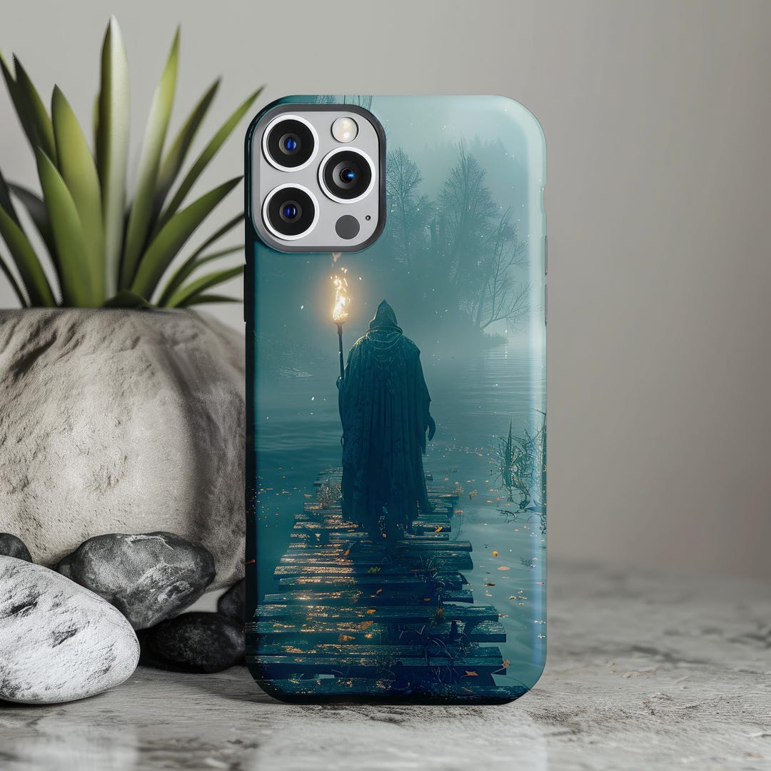 Mystical Lantern-wielding Figure on Moody Gothic Lake iPhone Samsung ...