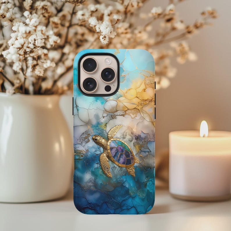 Sea Turtle Tough Phone Case, Artistic Ocean Design, Protective Cover ...