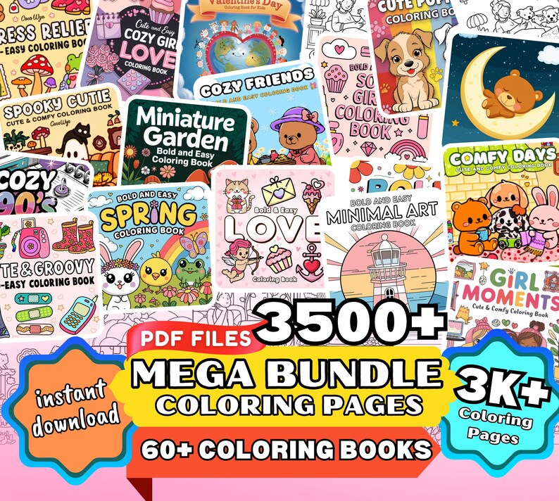 Coloring Book Bundle, 60 Coloring Book, Hygge, Girl Moments, Cute Cozy ...
