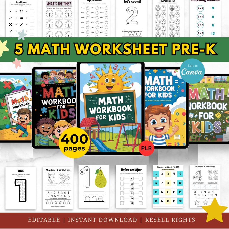 Math Editable Worksheet Canva 400 Page Preschool, Kindergarten ...