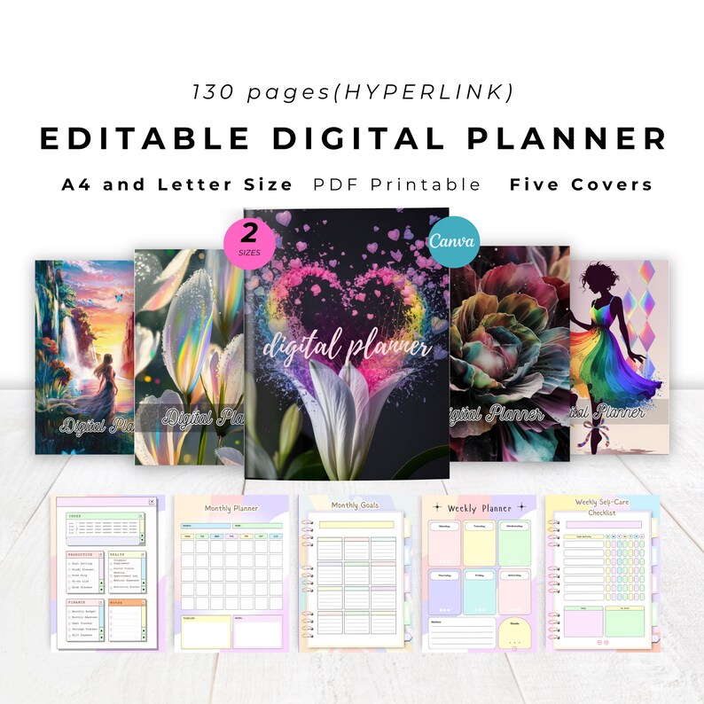 Editable Undated Digital Planner Canva 130 Pages Five Covers Hyperlink ...