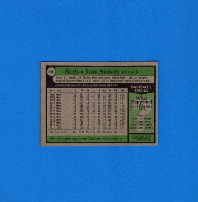1979 Topps #100 Card Signed by TOM SEAVER Near Mint Hall of Fame ...