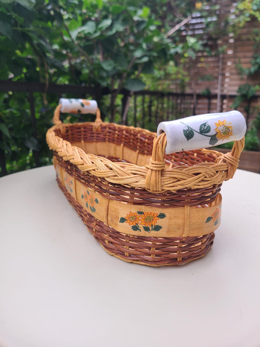 Old Basket From the 50s, in Wood, Wicker With Porcelain Handles. - Etsy