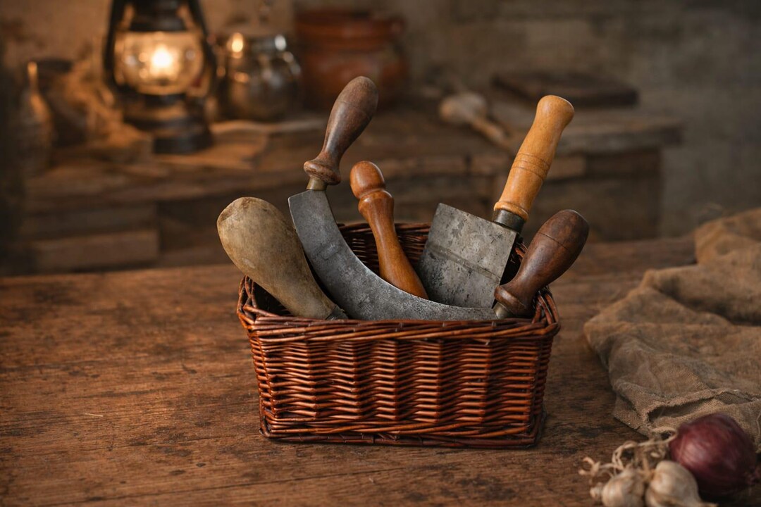 Set of Antique Kitchen Utensils – Half-moon Meat Grinder, Cleaver ...