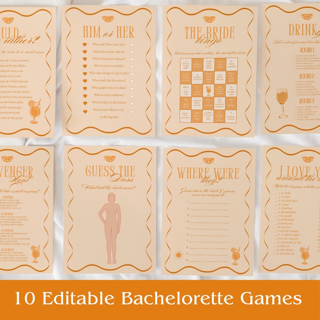 Sun and Spritz Bachelorette Party Game Bundle, Beach Bach Wavy Border ...