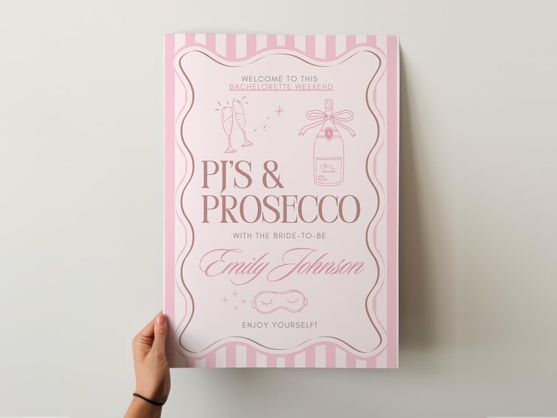 Pjs and Prosecco Bachelorette Welcome Sign Template, Wavy Frame Pajama ...