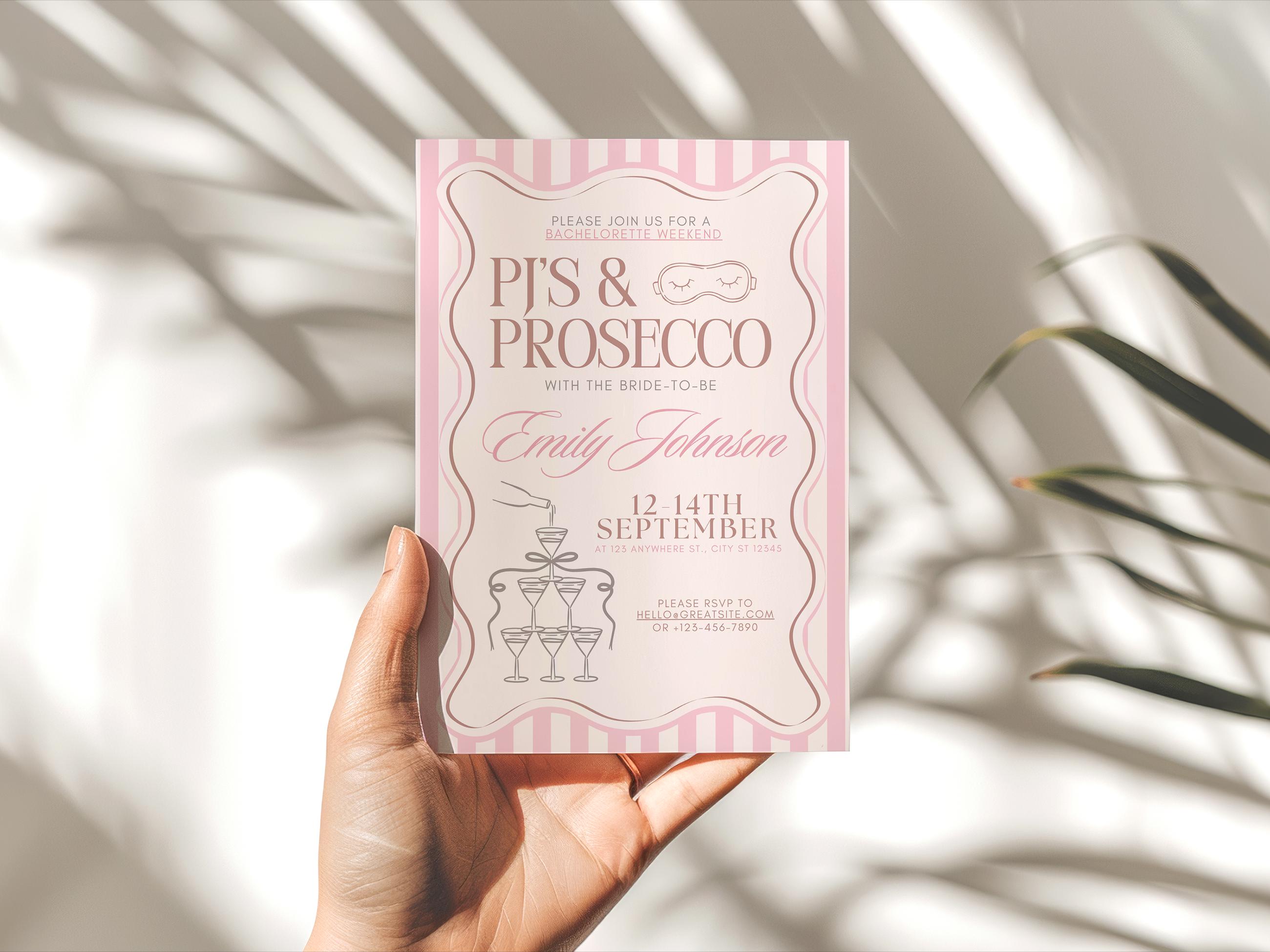 Pjs and Prosecco Bachelorette Invitation & Itinerary Template, Wavy ...