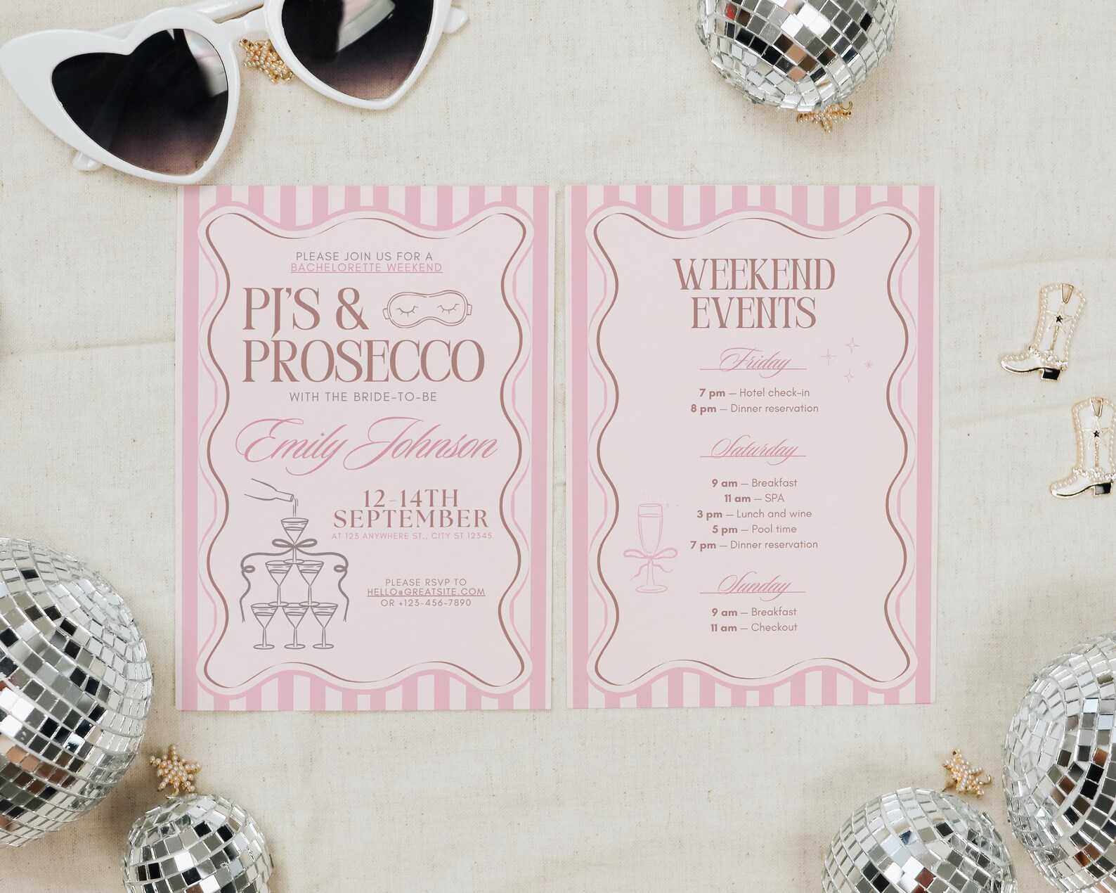 Pjs and Prosecco Bachelorette Invitation & Itinerary Template, Wavy ...