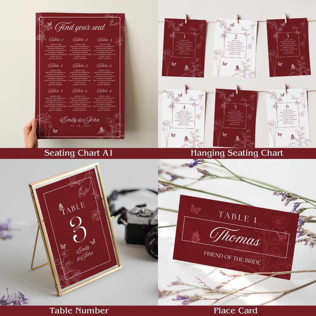 Butterfly Wedding Seating Chart Template Bundle, Burgundy Wedding ...