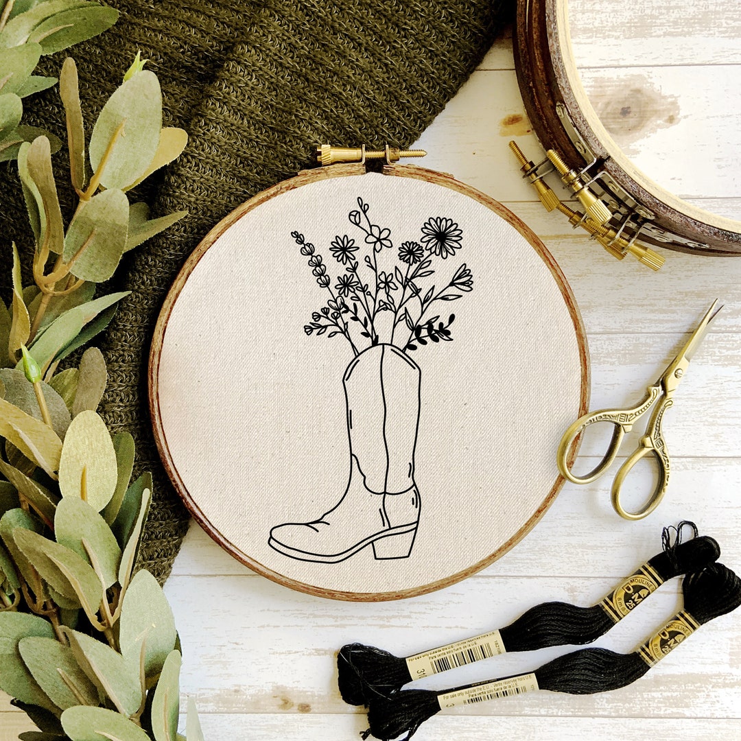 Wildflowers in a Cowboy Boot Embroidery Pattern Template PDF Digital ...