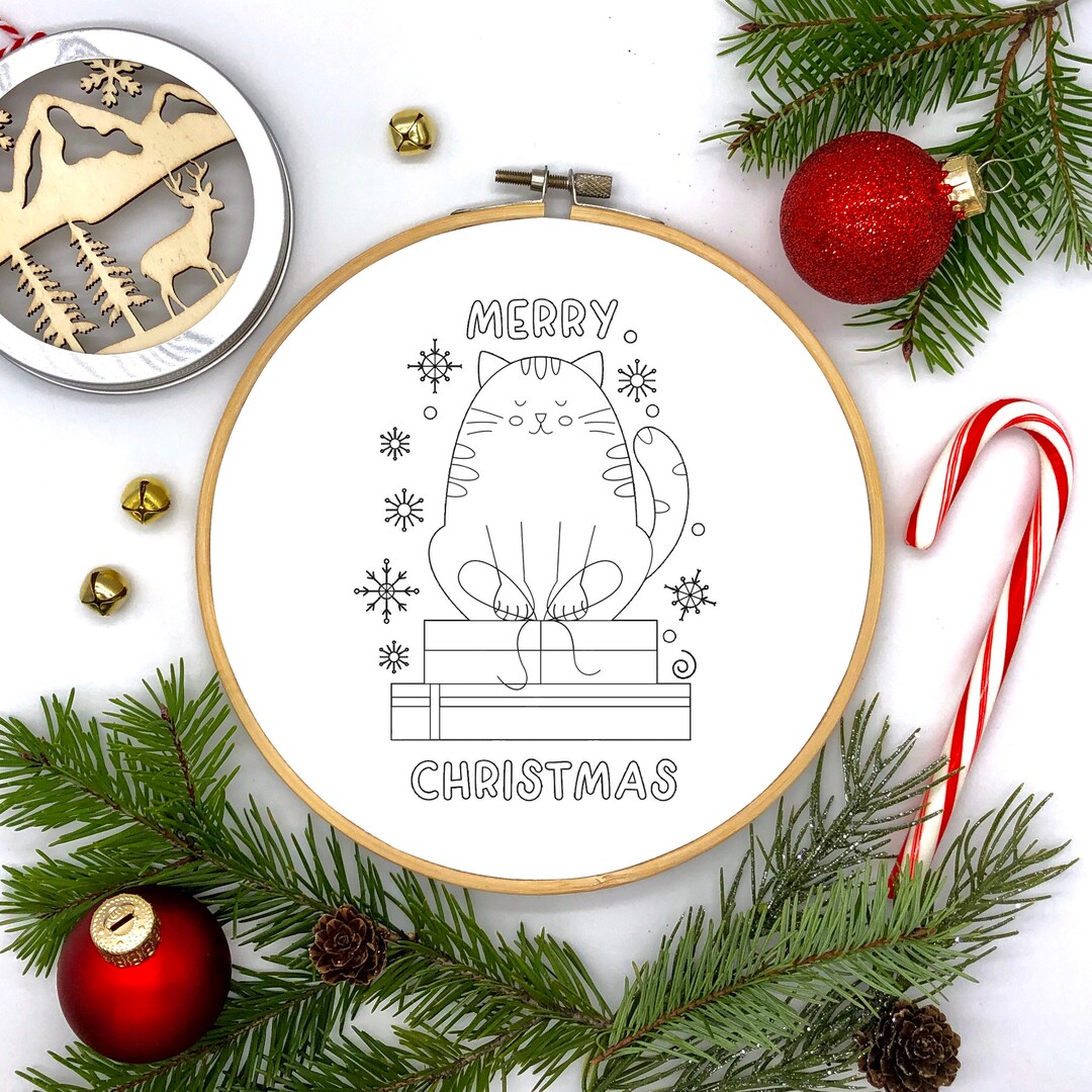 Merry Christmas Cat Embroidery Pattern Template PDF Digital Download - Etsy