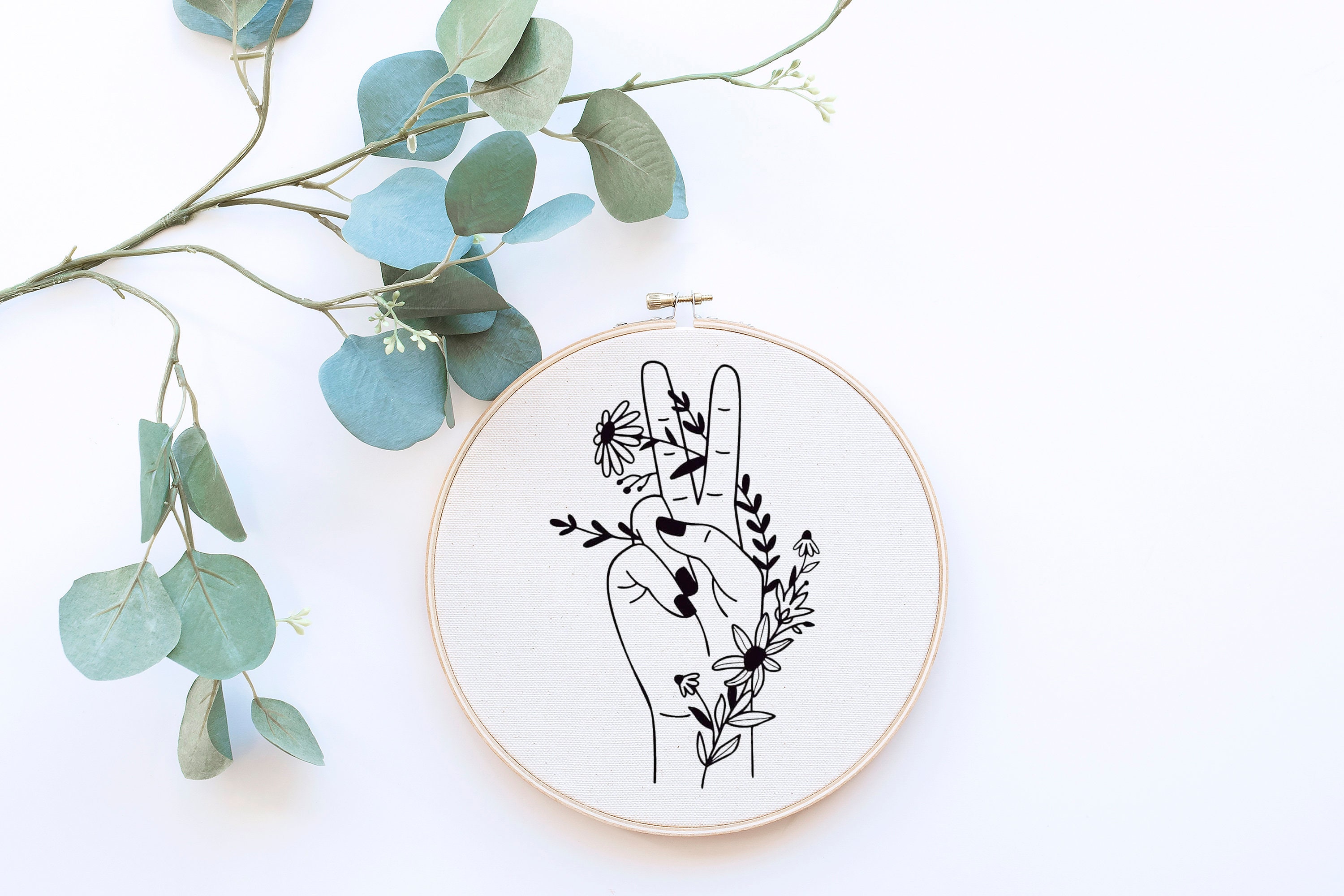 Boho Finger Hand Peace Sign Wildflower Line Art Embroidery Pattern ...
