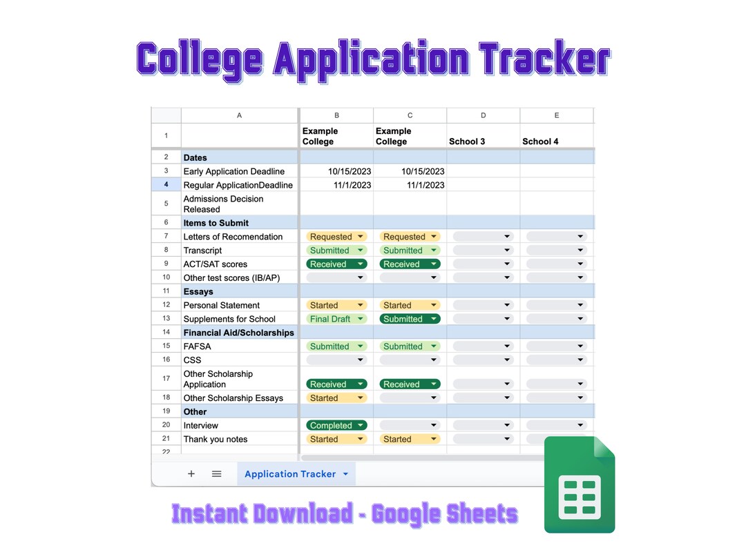 College Application Planner and Progress Tracker Digital Google Sheets ...
