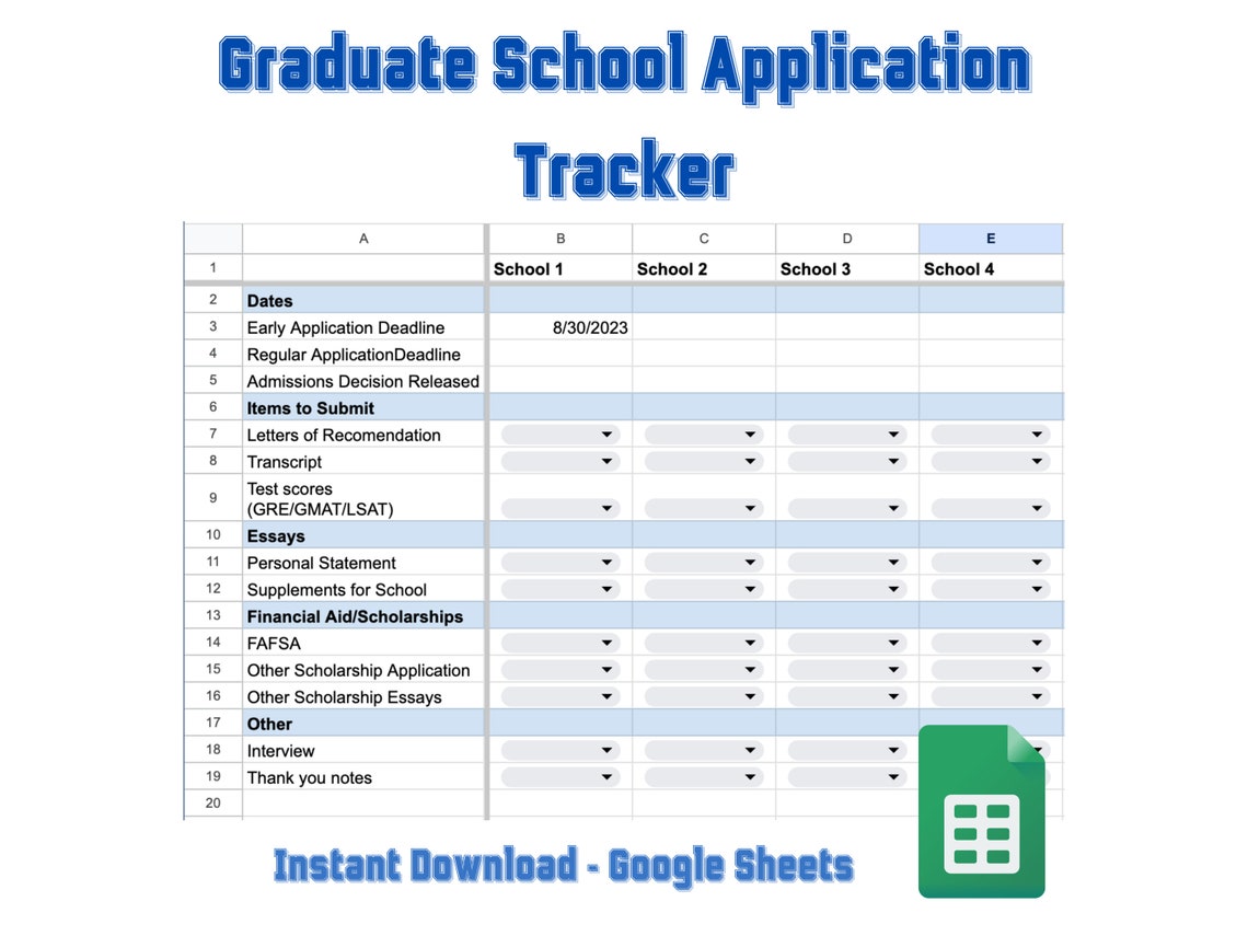 Graduate School Application Planner and Progress Digital Tracker ...