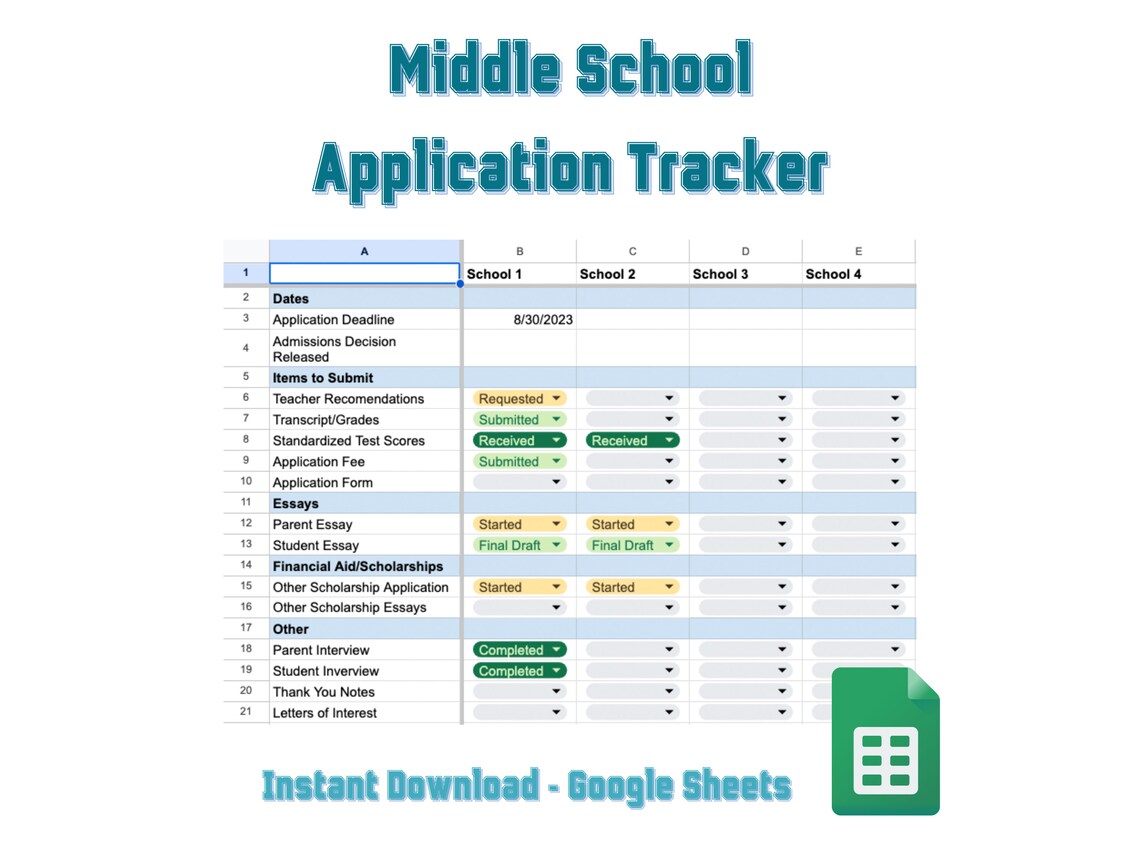Middle School Application Planner and Progress Tracker - Digital Google ...
