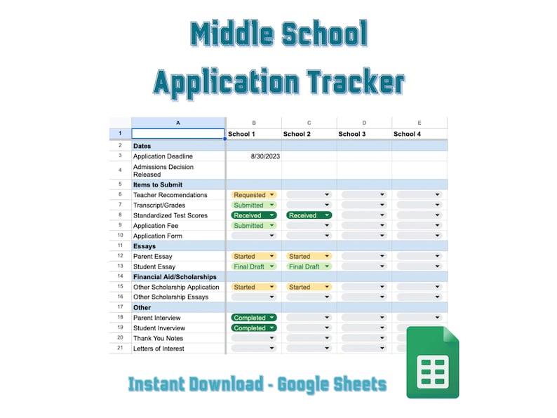 Middle School Application Planner and Progress Tracker - Digital Google ...