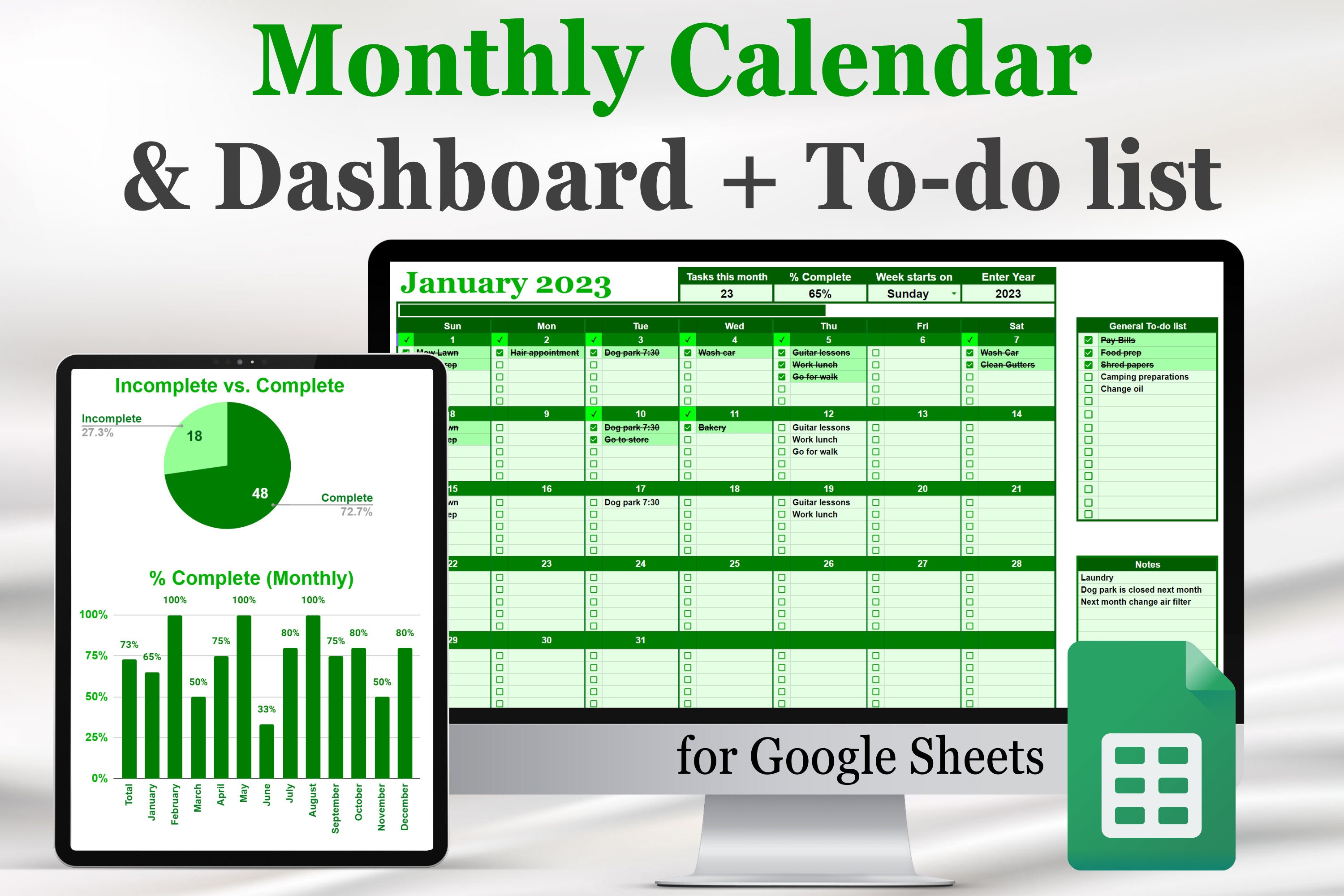 Monthly Calendar Template for Google Sheets (dashboard Version + To-do ...