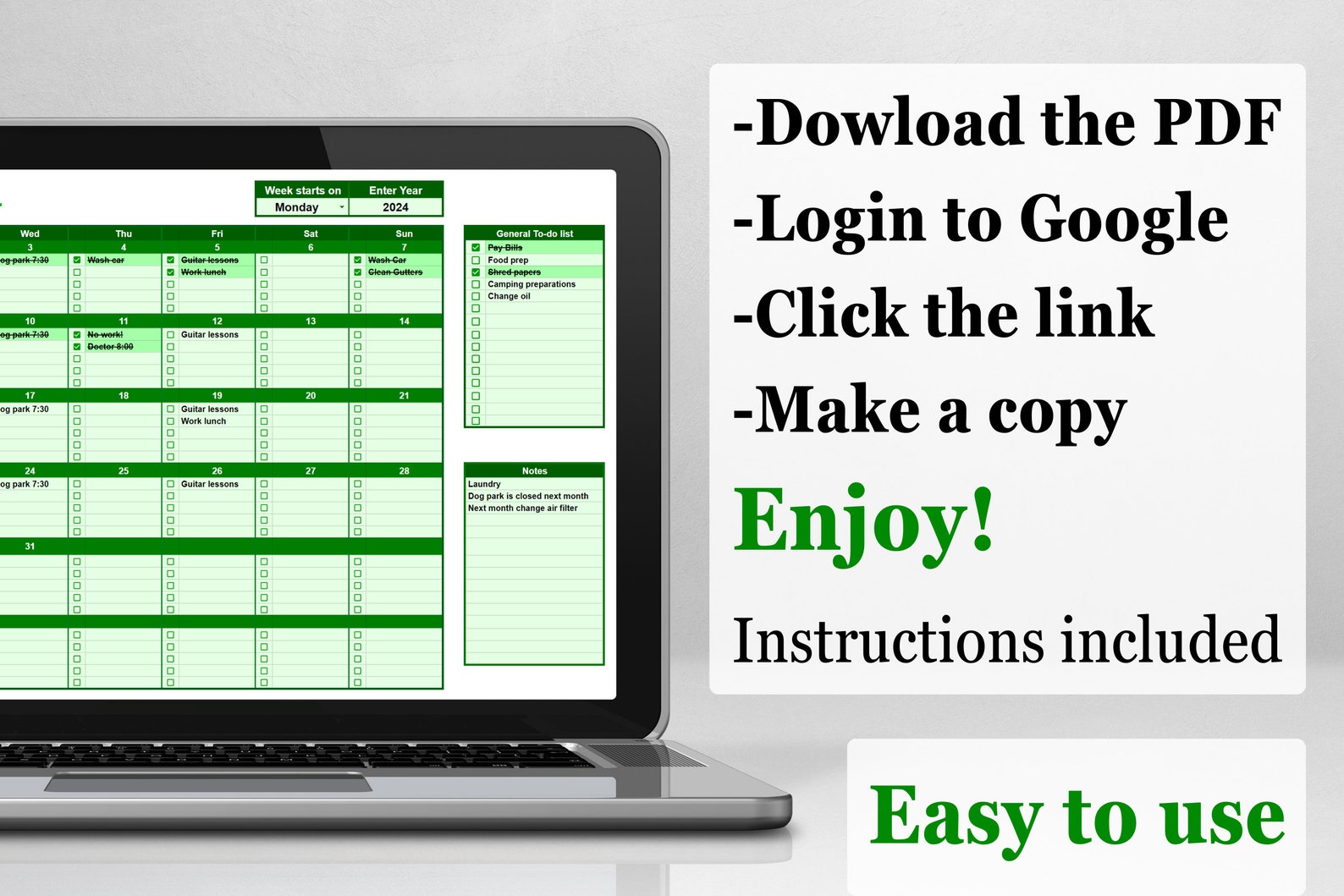 Monthly Calendar Template + To-do List for Google Sheets (+ Checklist ...