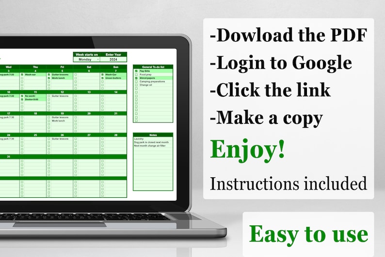 Monthly Calendar Template + To-do List for Google Sheets (+ Checklist ...
