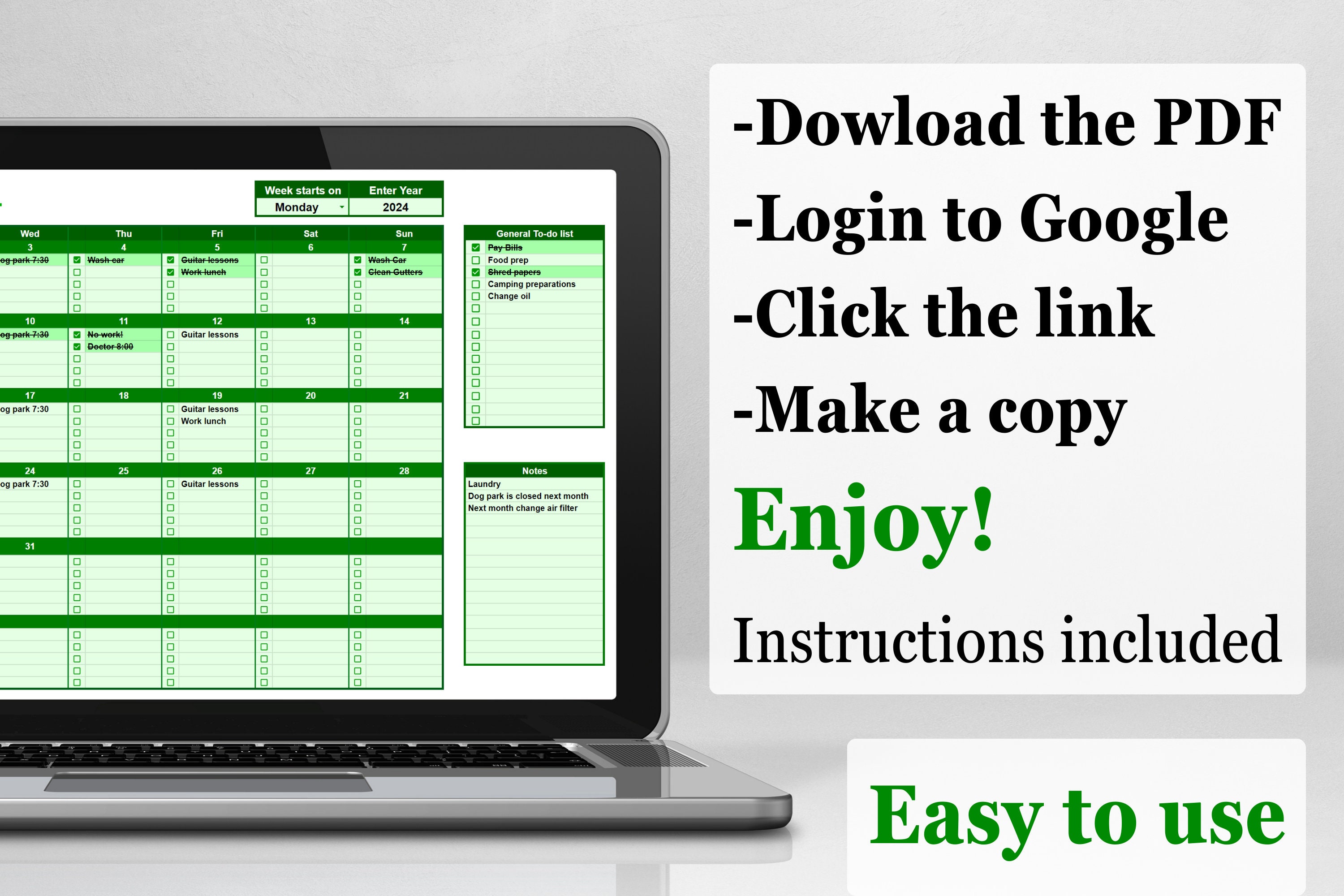 Monthly Calendar Template + To-do List for Google Sheets (+ Checklist ...