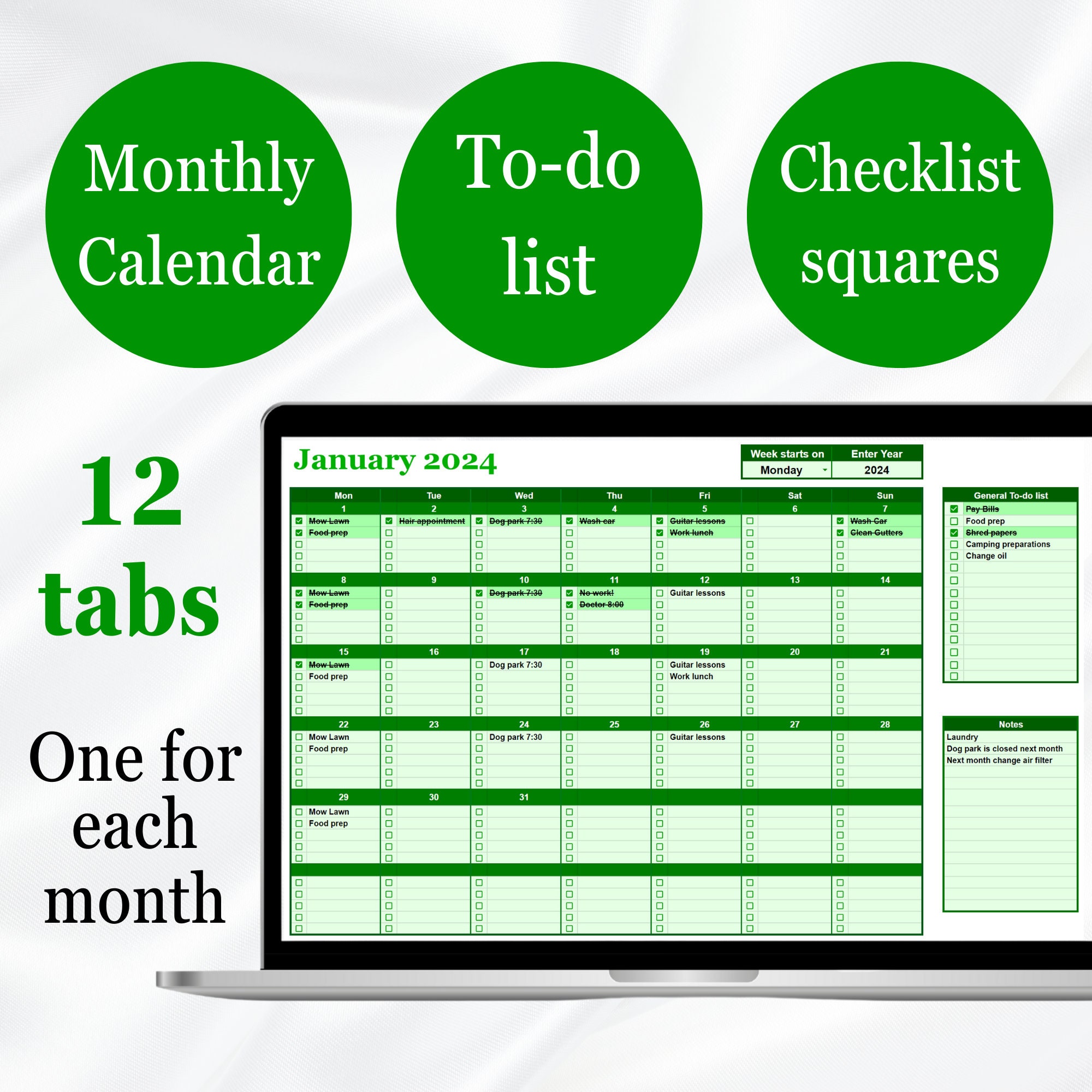 Monthly Calendar Template + To-do List for Google Sheets (+ Checklist ...