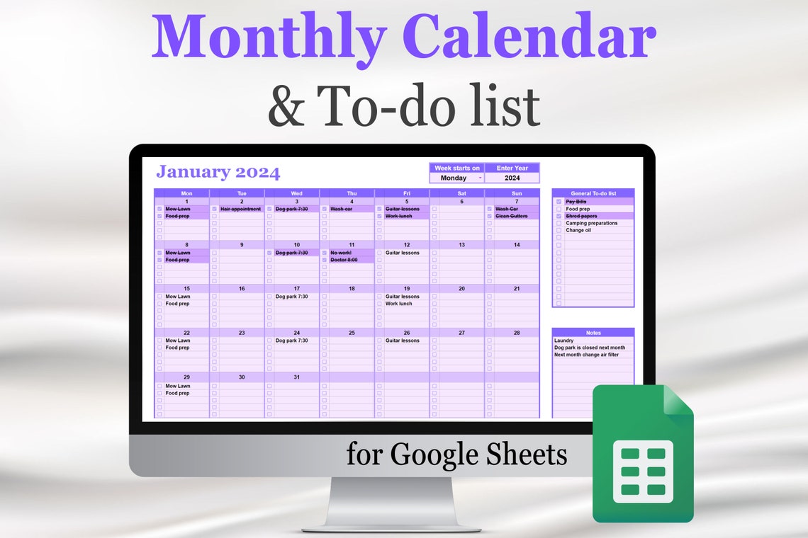 Monthly Calendar Template + To-do List and Checklist for Google Sheets ...