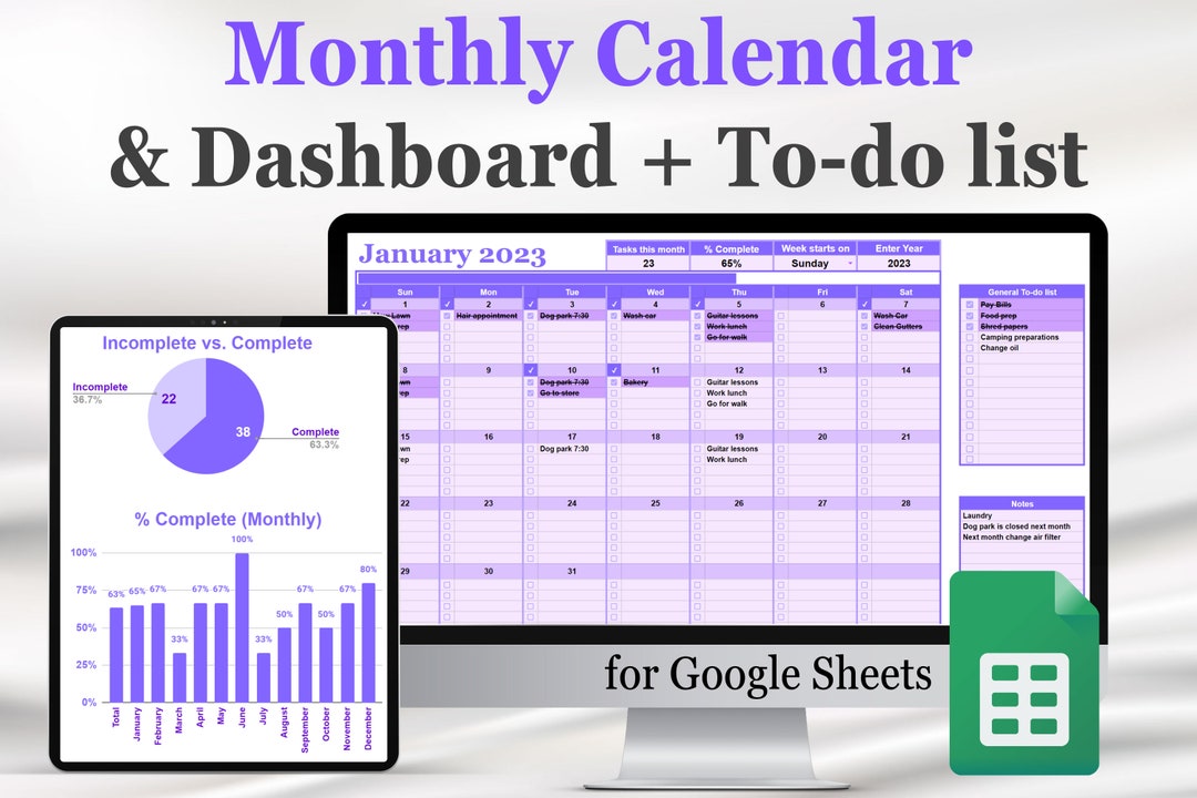 Monthly Calendar Template for Google Sheets (dashboard Version + To-do ...