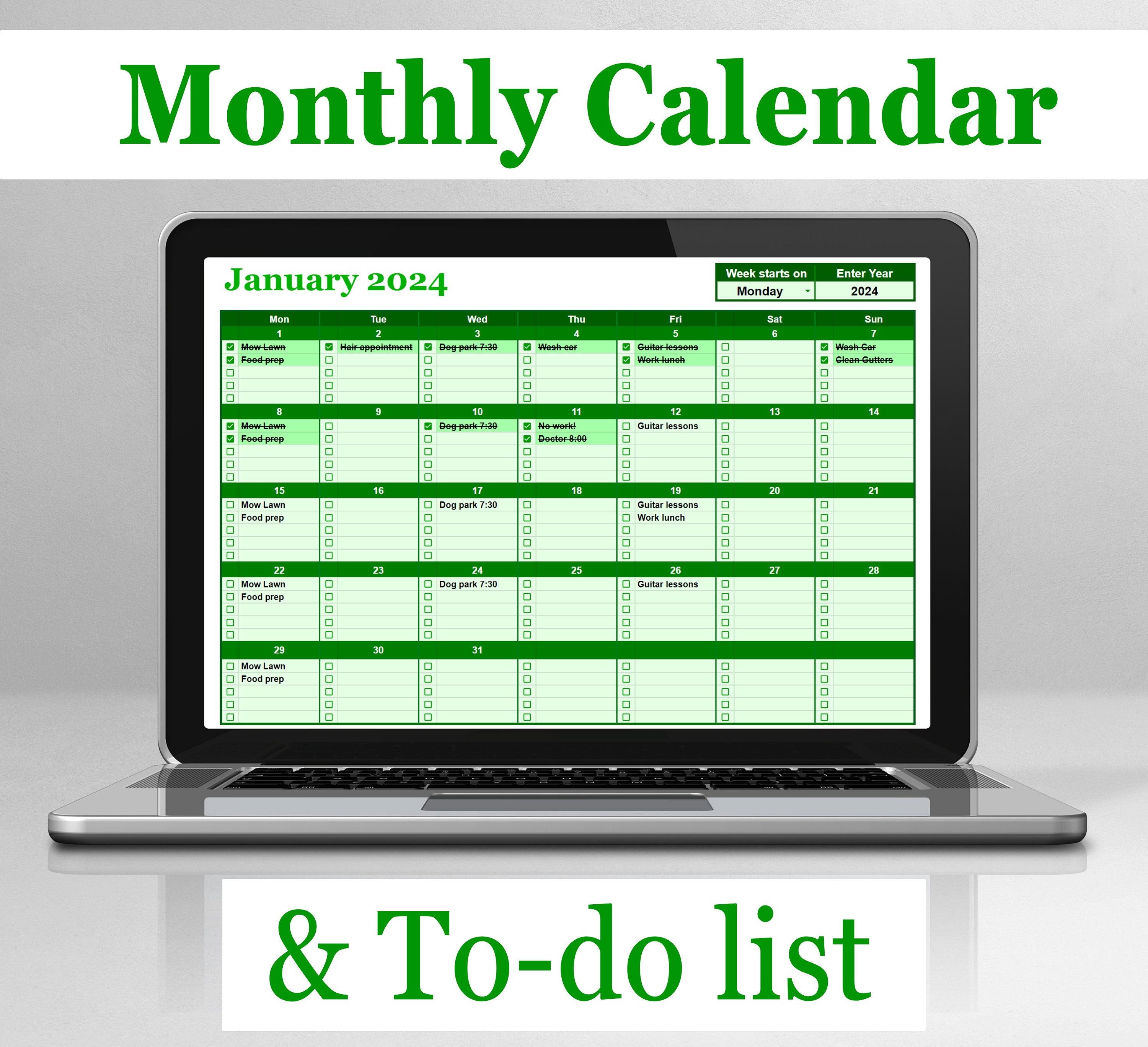 Monthly Calendar Template + To-do List for Google Sheets (+ Checklist ...