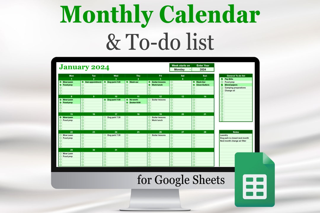 Monthly Calendar Template + To-do List for Google Sheets (+ Checklist ...