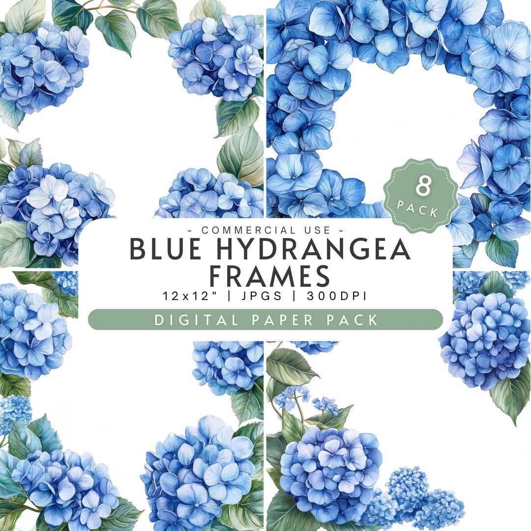 Blue Hydrangea Digital Paper Pack Blue Floral Frames Watercolor ...