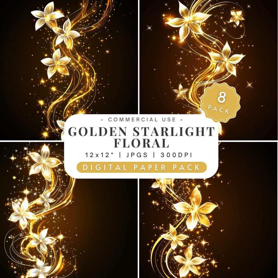Golden Starlight Florals Texture Backgrounds Digital Paper Pack 8 High ...