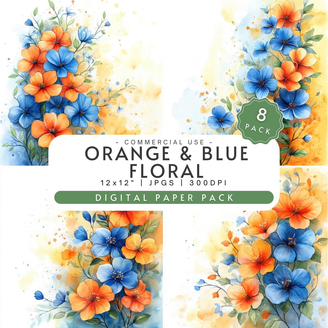 Orange & Blue Floral Watercolor Texture Backgrounds Digital Paper Pack ...