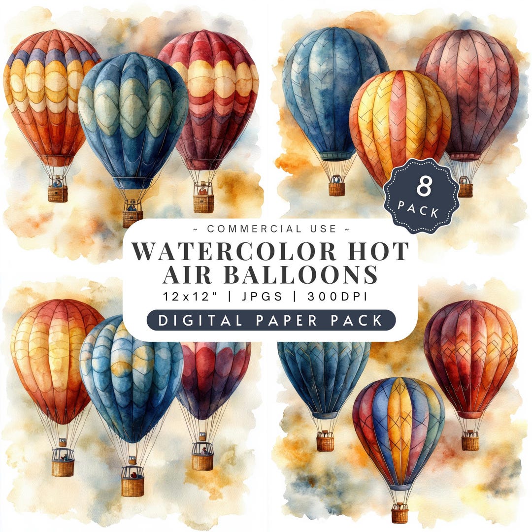 Watercolor Hot Air Balloons Textures Backgrounds Digital Paper Pack 8 ...