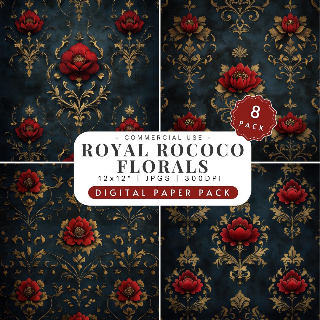Royal Rococo Florals Gold Texture Backgrounds Digital Paper Pack 8 High ...