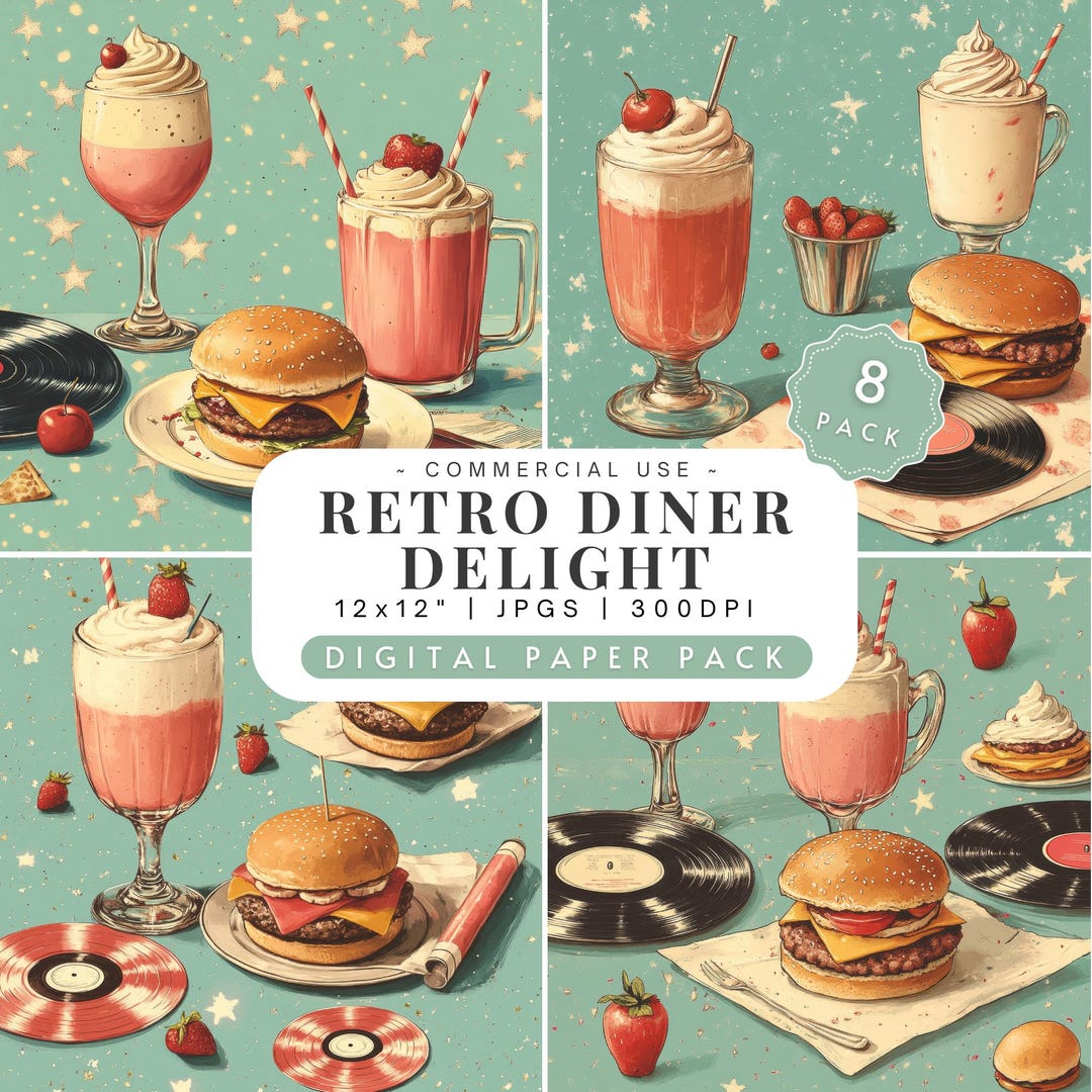Retro Diner Delight Americana Texture Backgrounds Digital Paper Pack 8 ...