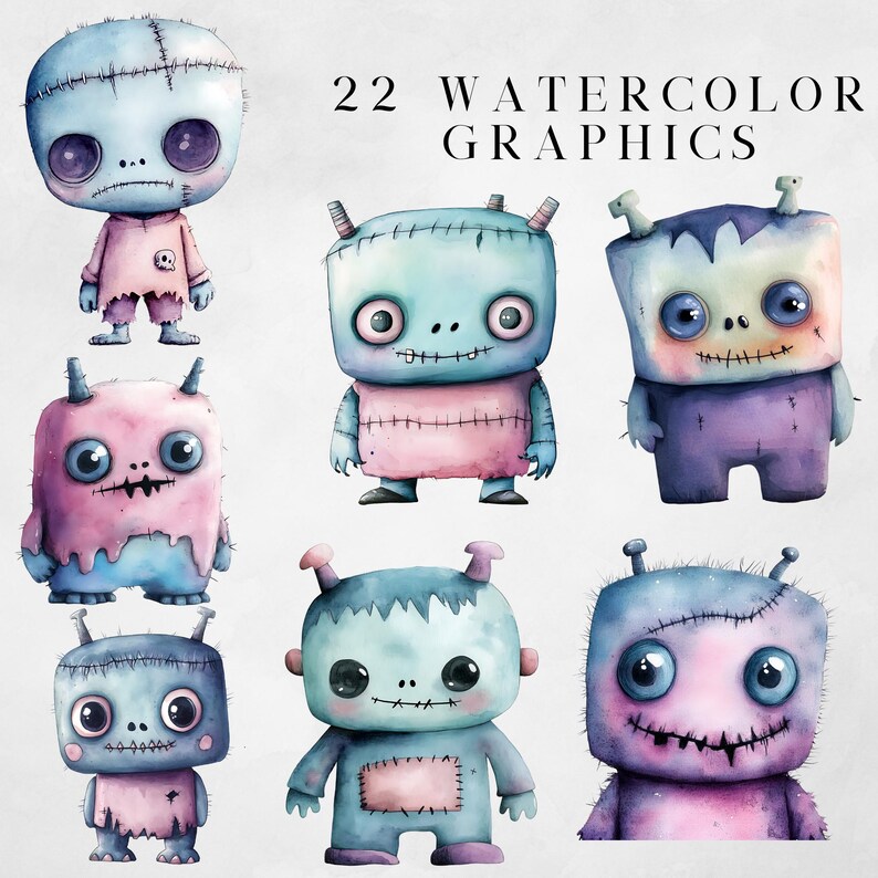 Spooky Watercolor Frankenstein Clip Art: 22 PNG Images (digital ...