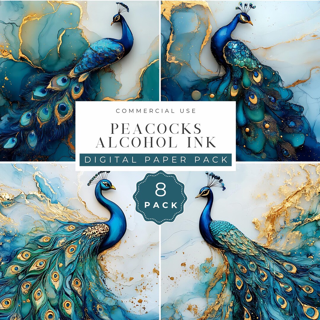 Peacocks Alcohol Ink Backgrounds Digital Paper Pack 8 High Res 300DPI ...