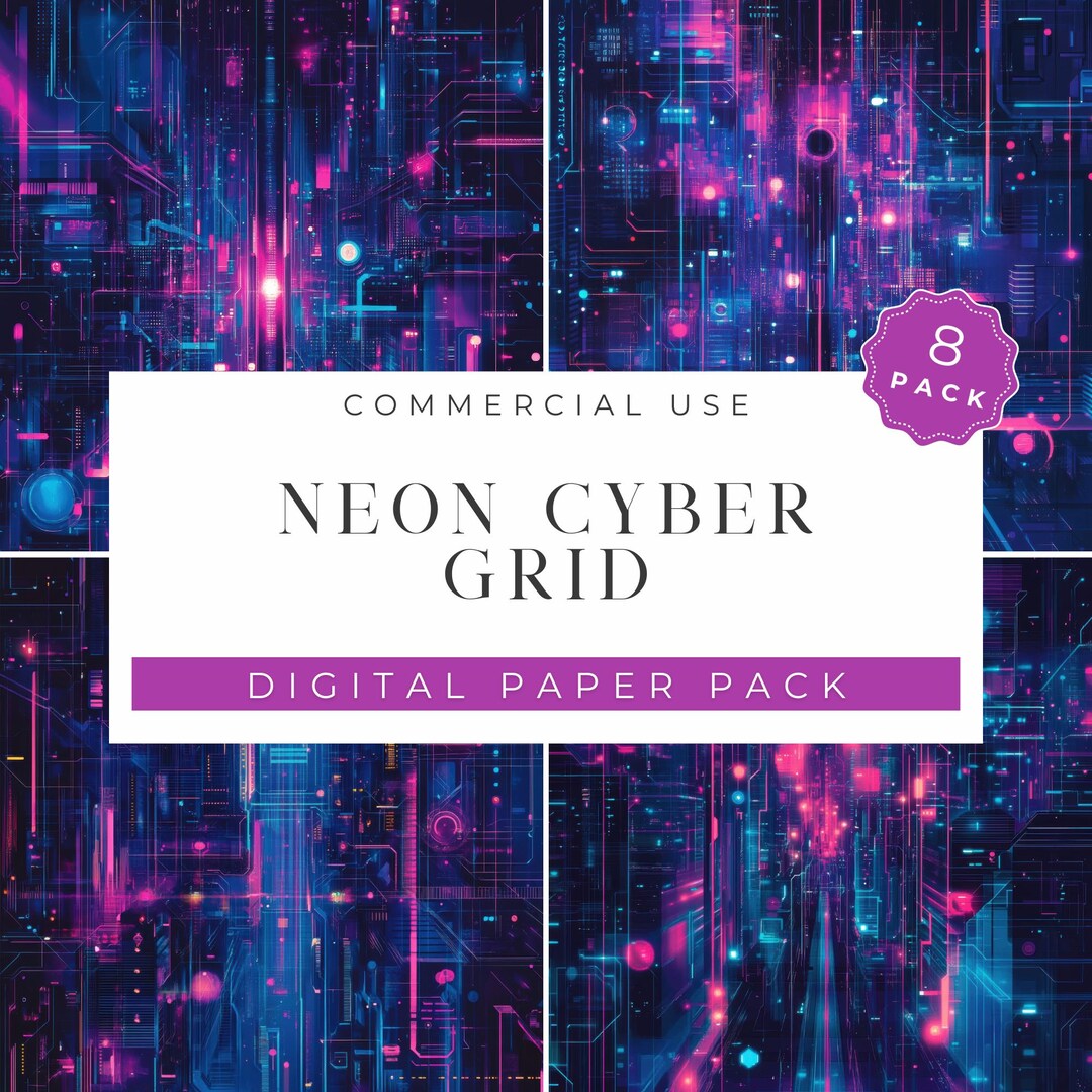 Neon Cyber Grid Backgrounds Digital Paper Pack 8 High Resolution 300DPI ...