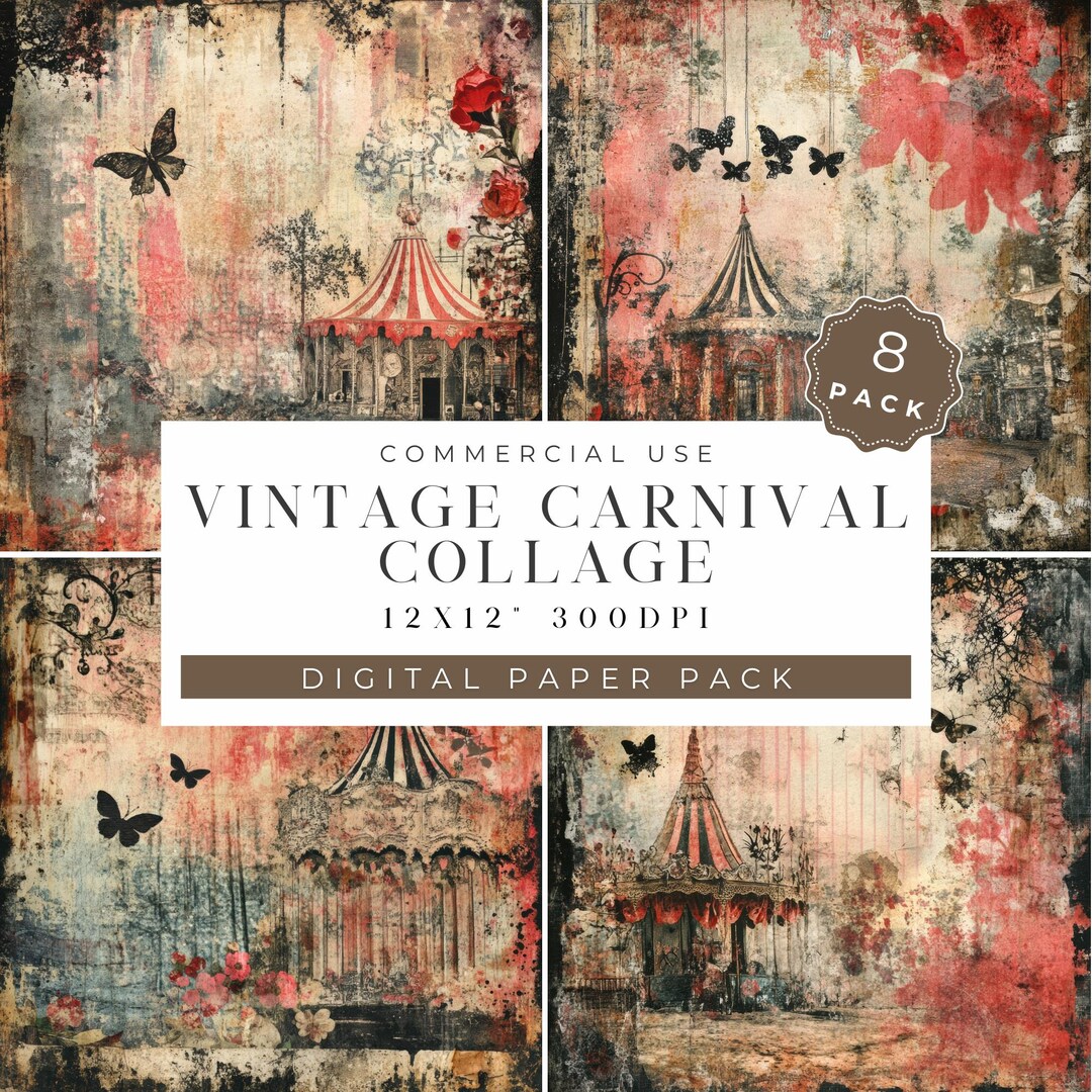 Vintage Carnival Collage Backgrounds Digital Paper Pack 8 High ...