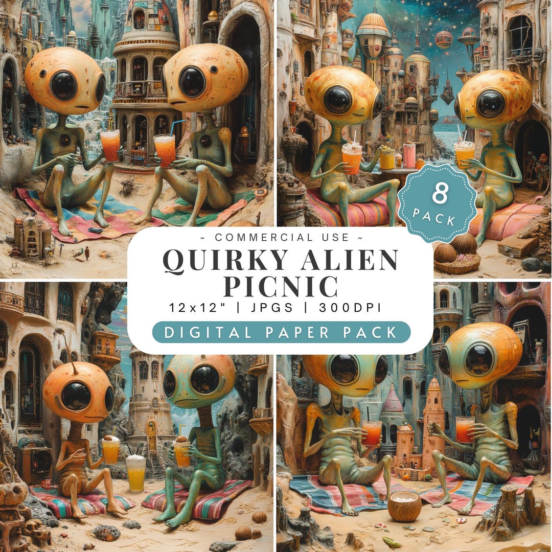 Quirky Alien Picnic Sci-fi Texture Backgrounds Digital Paper Pack 8 ...