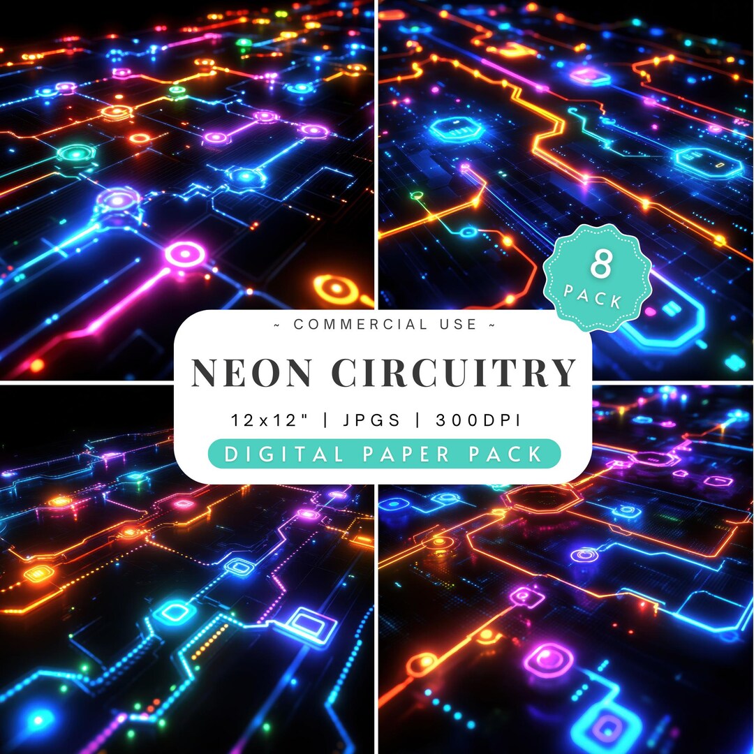 Neon Circuitry Cybercore Texture Backgrounds Digital Paper Pack 8 High ...
