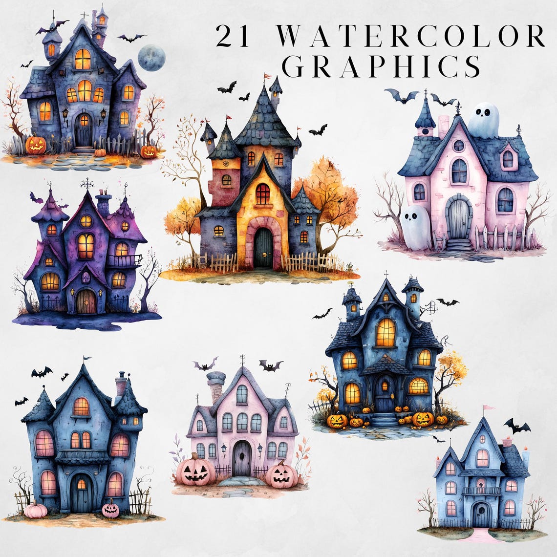 Spooky Halloween Haunted Houses Clip Art Pack 22 PNG Images 300 DPI ...