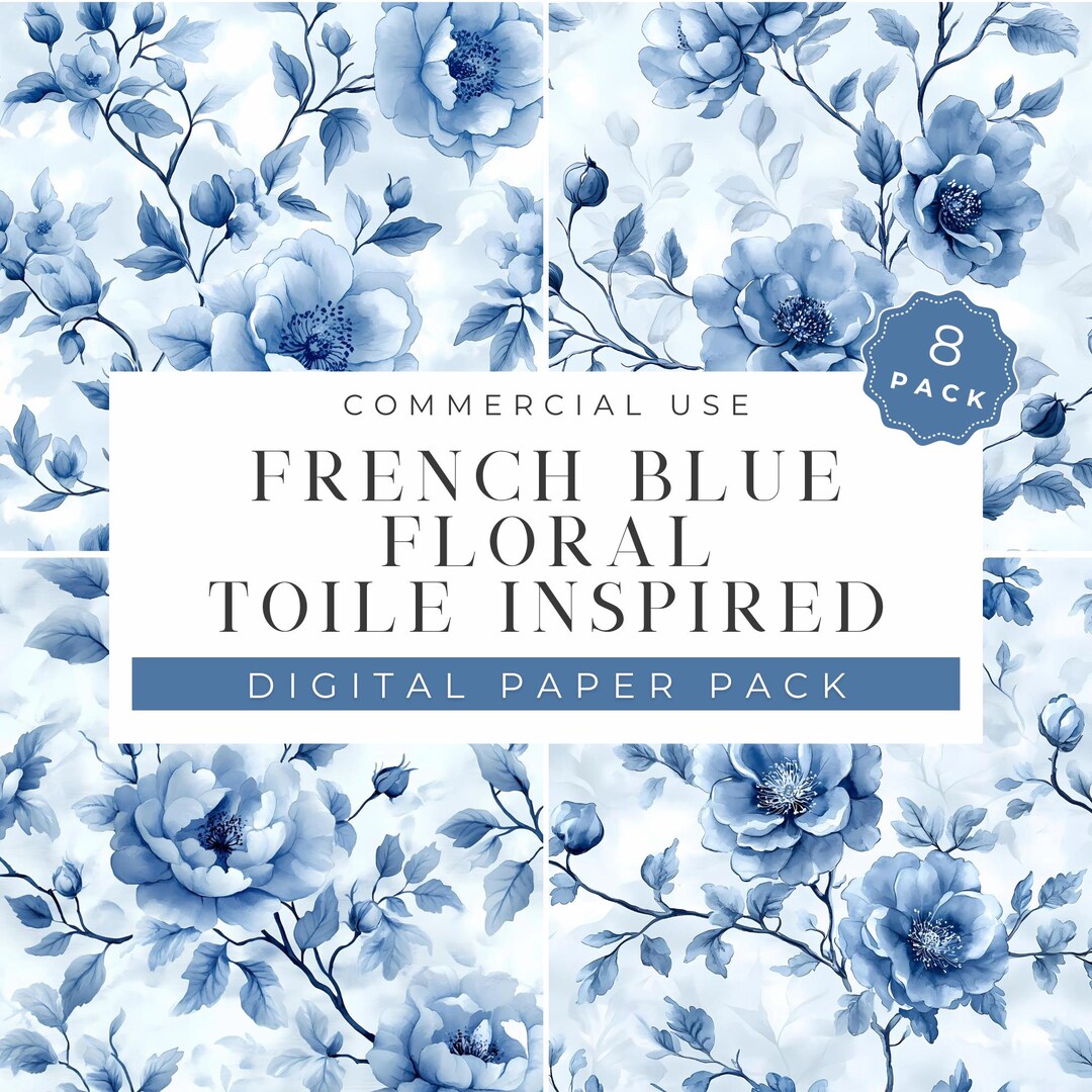 French Blue Floral Toile Inspired Backgrounds Digital Paper Pack - 8 ...